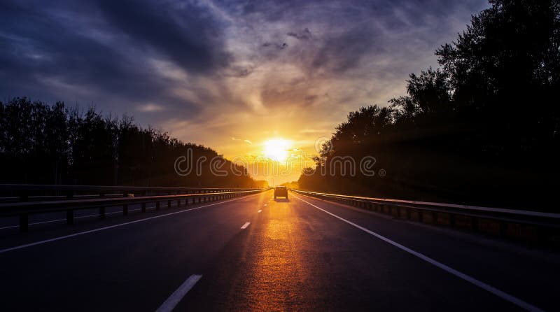Drive Car at Beautiful Sunset. Nature Landscape Stock Photo - Image of ...