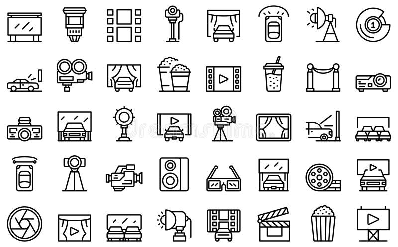 Drive-in Cinema Icons Set Outline Vector. Drive Auto Stock Vector ...