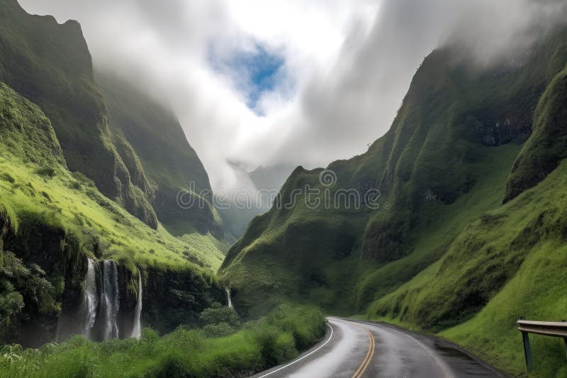 Drive through Mountainous Landscape, with Clouds and Waterfalls in the ...