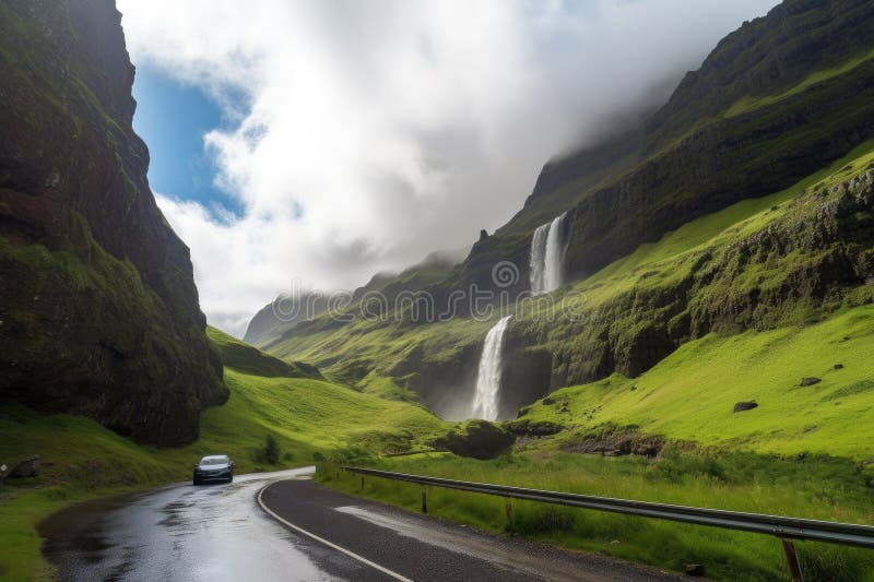 Drive through Mountainous Landscape, with Clouds and Waterfalls in the ...