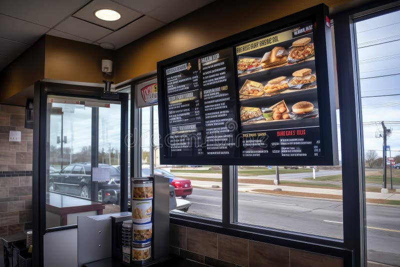 Drive-thru Window with Menu Board, Featuring Various Food Items and ...