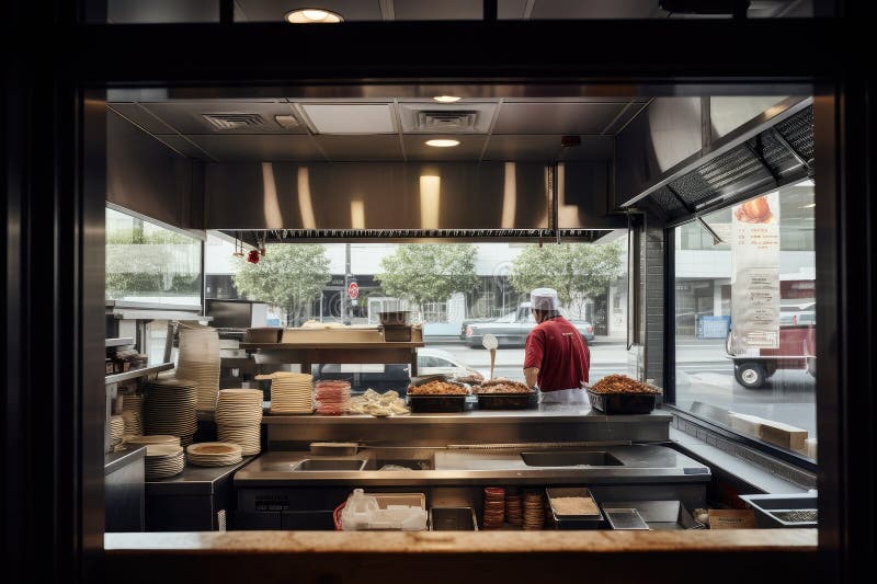 Drive-thru Window with a View of the Kitchen, Showcasing Employees ...