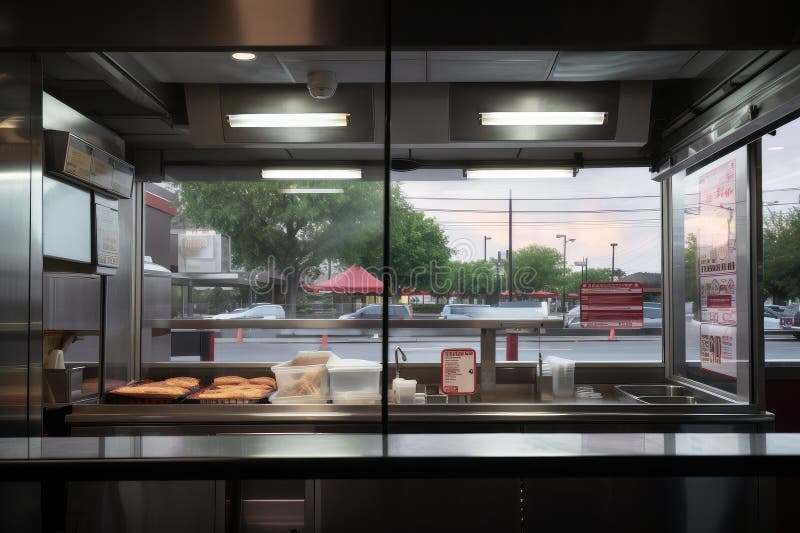 Drive-thru Window with View of Restaurant Kitchen, Showcasing the Fast ...