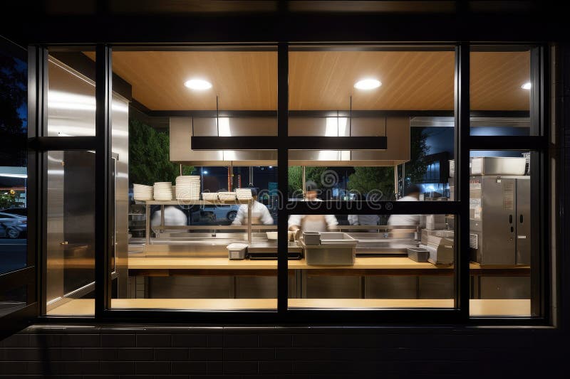 Drive-thru Window with View of Restaurant Kitchen, Showcasing the Fast ...