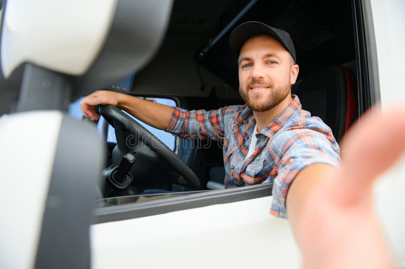Driver Behind the Wheel in Truck Cabin Stock Photo - Image of ...