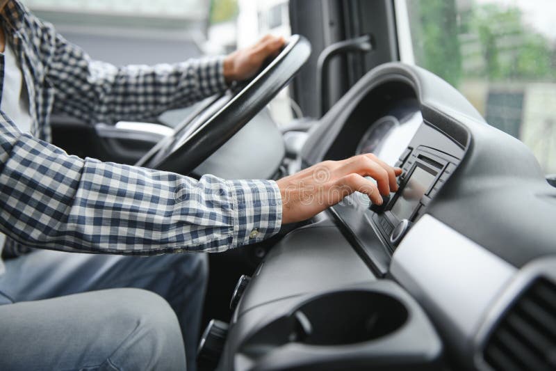 Driver Behind the Wheel in Truck Cabin. Stock Image - Image of trip ...