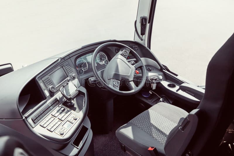 Driver Cab of a Bus with a Steering Wheel and Various Devices and ...