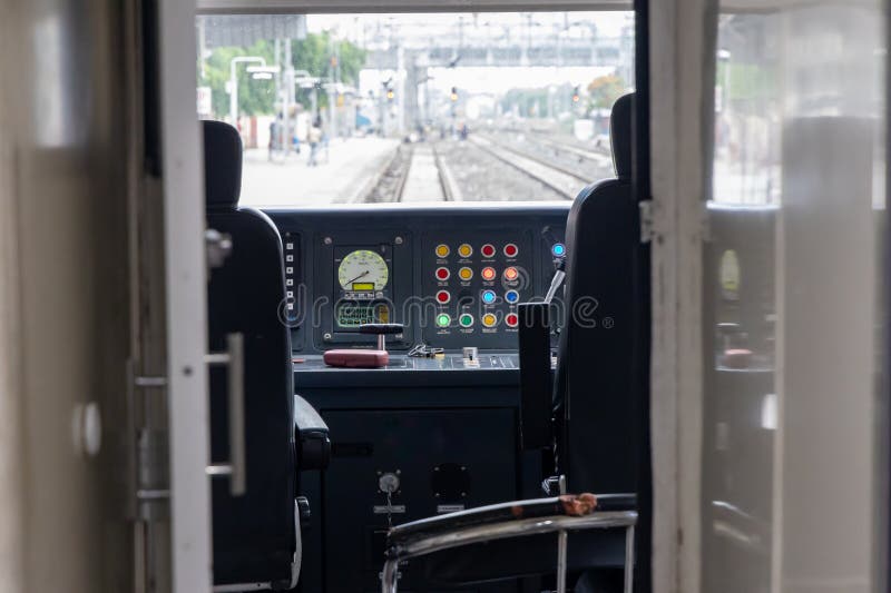 Driver Cabin Control Panel of High-Speed Train from Flat Angle during ...