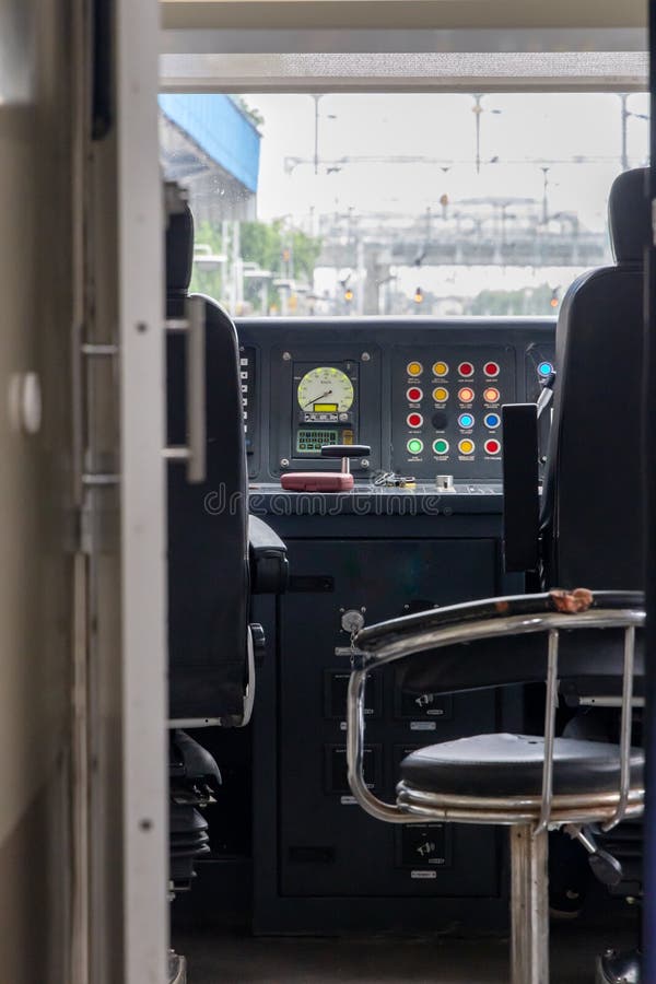 Driver Cabin Control Panel of High-Speed Train from Flat Angle during ...