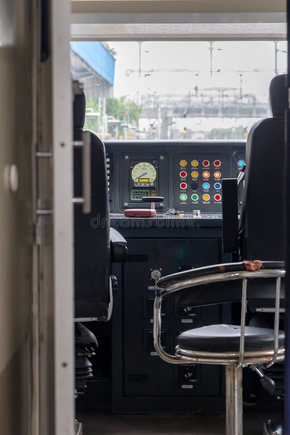 Driver Cabin Control Panel of High-Speed Train from Flat Angle during ...
