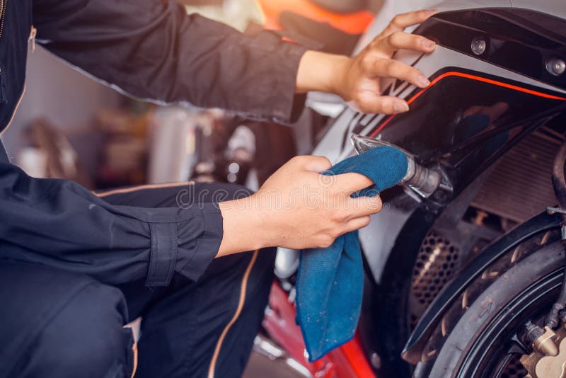 Driver is Cleaning the Motorcycle, Close-up Stock Photo - Image of ...