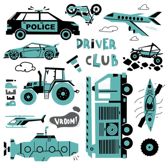 Driver Club Poster with Different Type of Transport Stock Vector ...