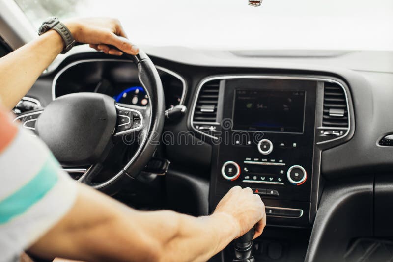 Driver Driving a Car, with a View from the Inside, Man in the Driver`s ...