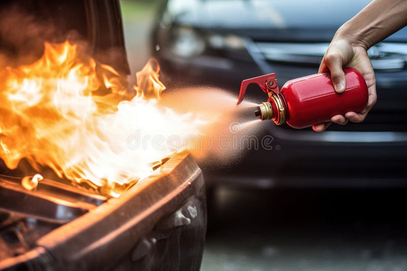 Driver Extinguishes the Engine Fire in His Car Stock Illustration ...