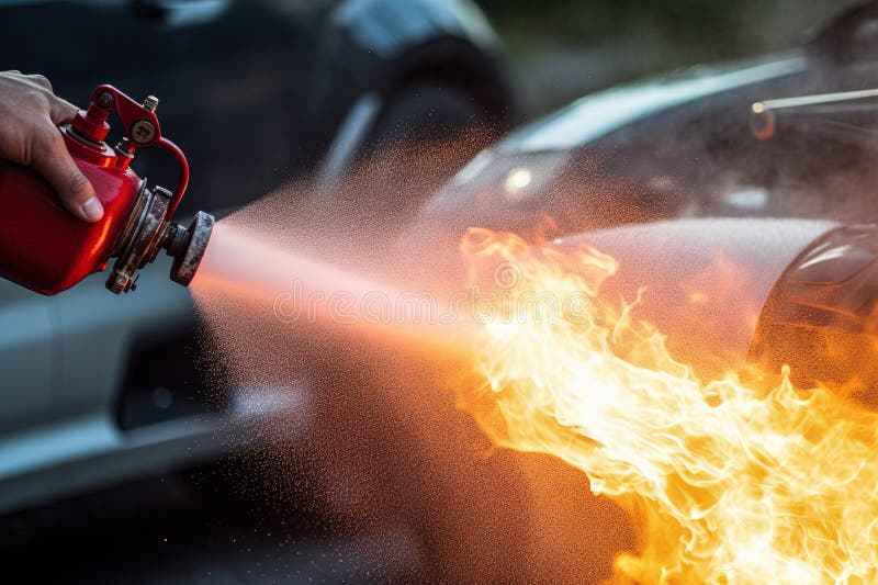 Driver Extinguishes the Engine Fire in His Car Stock Illustration ...