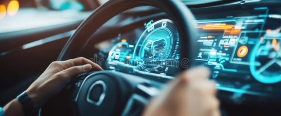 The Driver is Focused on a High-tech Dashboard that Features Various ...