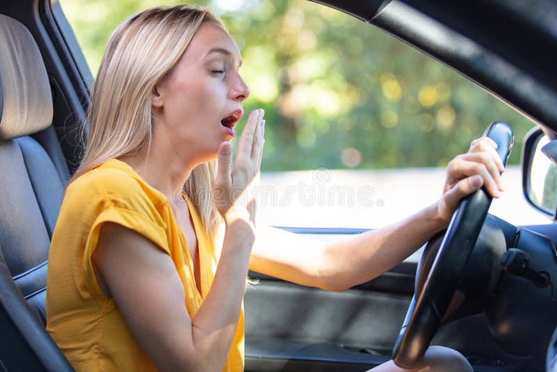 Driver Girl Yawns while Driving Car Stock Photo - Image of automobile ...