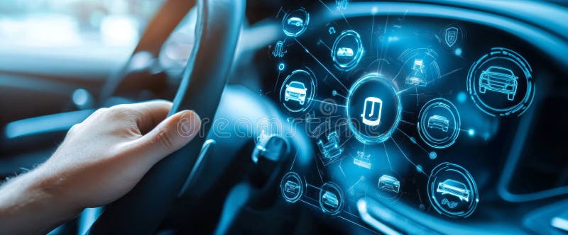 The Driver Grips the Steering Wheel while Engaging with a High-tech ...