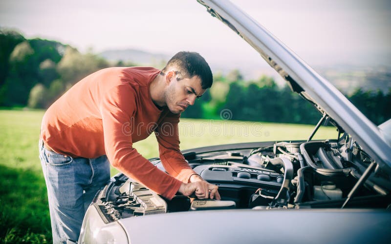 Driver Had Car Breakdown and Tries To Fix Broken Engine Stock Photo ...