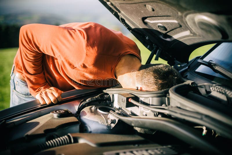 Driver Had Car Breakdown and Tries To Fix Broken Engine Stock Image ...