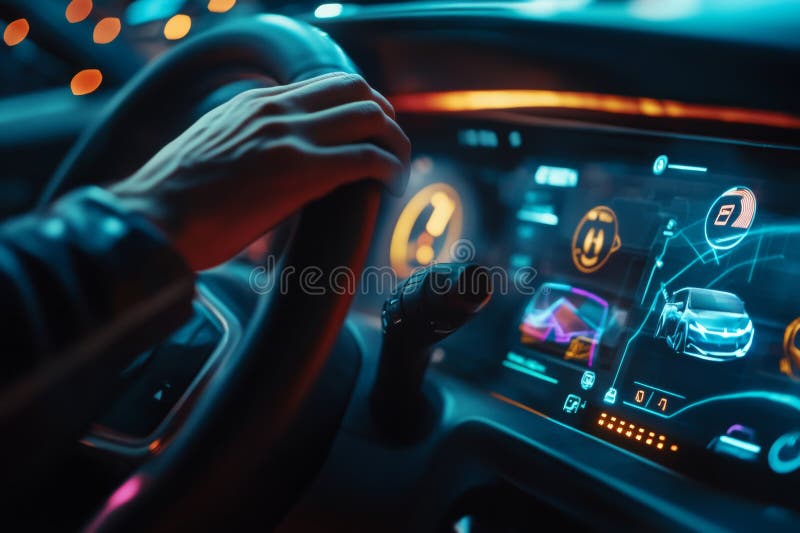 A Driver Holds the Steering Wheel while Engaging with a High-tech ...