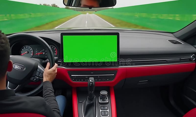 Driver Inside a Modern Car with a Green Screen Display, Simulating a ...