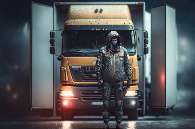 Driver in Jacket Inspects His Vehicle in Form of Cargo Truck Stock ...