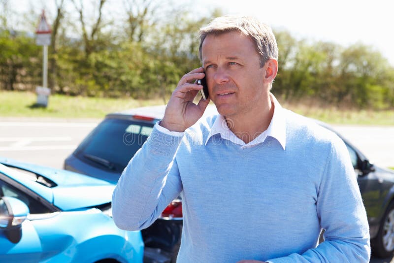 Driver Making Phone Call after Traffic Accident Stock Image - Image of ...