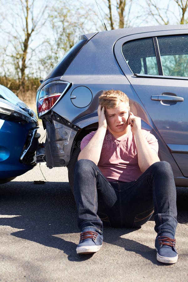 Driver Making Phone Call after Traffic Accident Stock Photo - Image of ...
