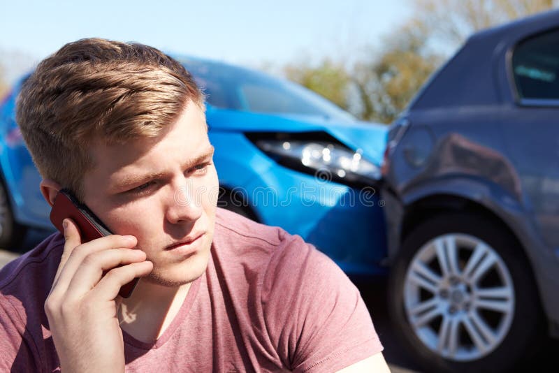 Driver Making Phone Call after Traffic Accident Stock Photo - Image of ...