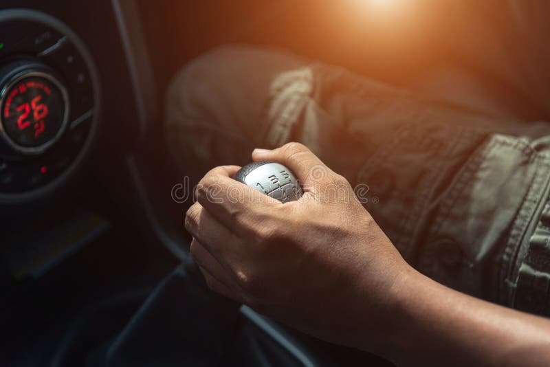 Driver Man Hand Holding Automatic Transmission in Ca Stock Photo ...