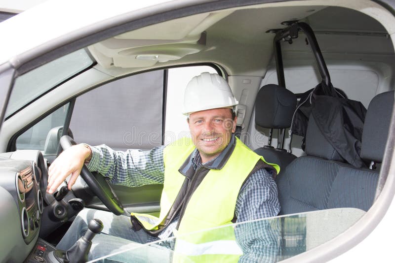 Man Workers on a Construction Site in Car Van Stock Photo - Image of ...