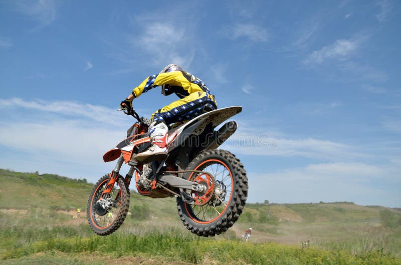 Driver Motorcycle MX Flies Over Hill Stock Image - Image of hang ...