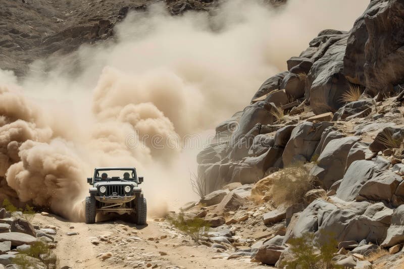 Driver Navigating Jeep, Rocky Terrain, Dust Cloud Stock Image - Image ...