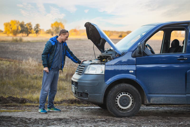 Driver Near a Broken Car on the Side of the Road Stock Photo - Image of ...
