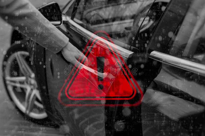 A Driver Opens a Door in a Modern Vehicle with a Red Warning Sign and ...