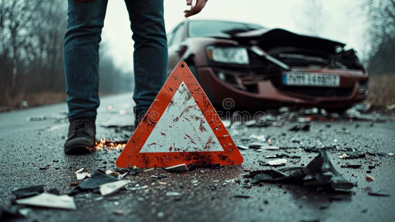 Driver Placing Warning Triangle after Car Crash Stock Footage - Video ...