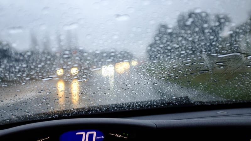 Driver Point of View Inside a Car while Driving on a Rainy Day Stock ...