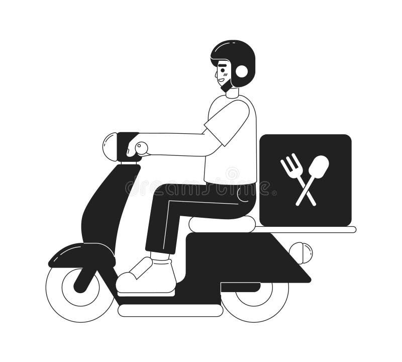 Driver Riding Fast Food Delivery Moped Monochromatic Flat Vector