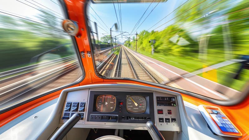 Driver& X27;s Cab of Speed Passenger Train, View of the Railway with ...