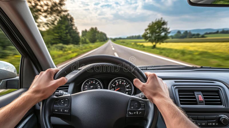 A Driver S Hands Grip the Steering Wheel while Navigating an Open Road ...