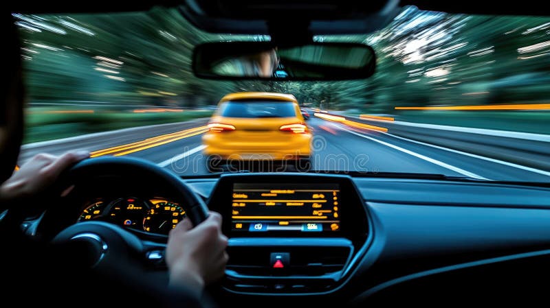 Driver S Perspective on Blurred Highway Speeding Behind Yellow Car ...