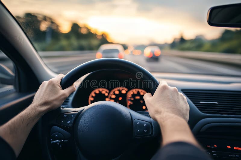 Driver S Perspective of Hands on Steering Wheel while Driving on a ...