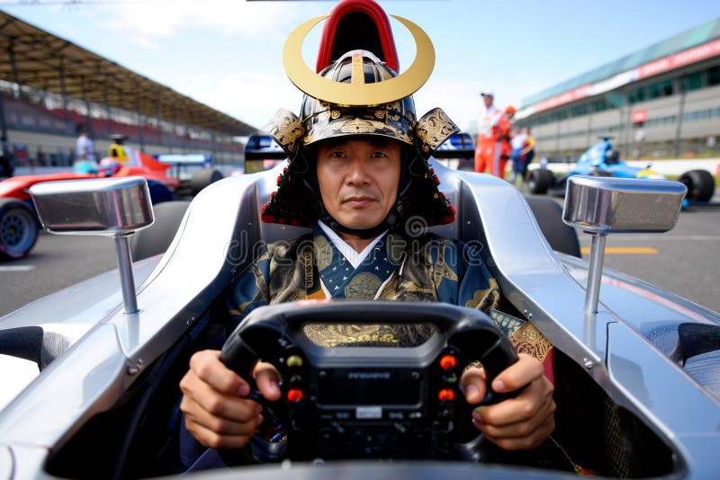 Samurai Driver Prepares for Race in Traditional Armor at Racetrack ...