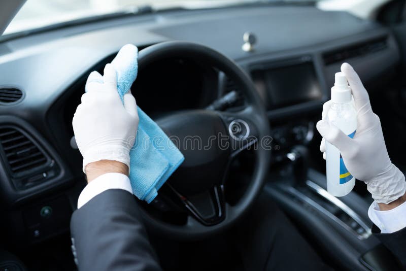 Driver Sanitizing Steering Wheel in Car Stock Image - Image of ...