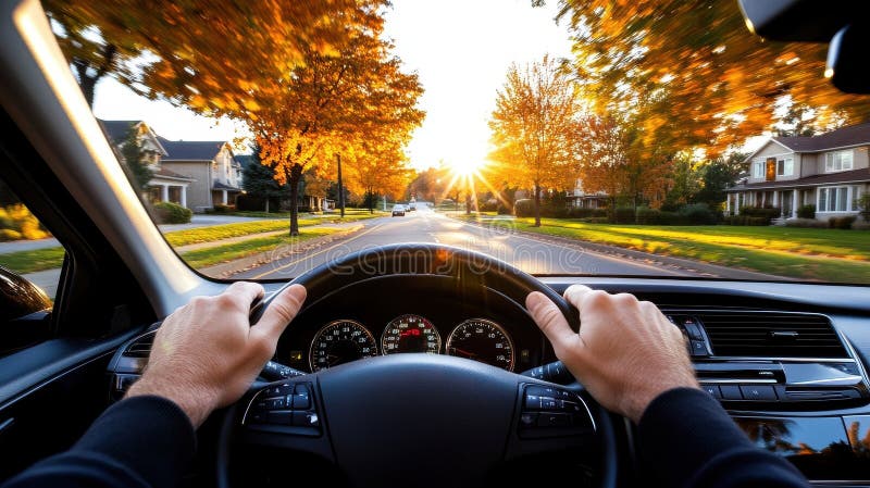 A Driver Speeds Down a Bright Boulevard at Sunset, the Dashboard ...
