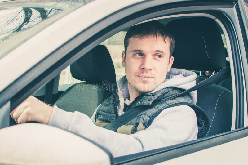 Driver Thinking Inside the Car. Safe Driving Stock Photo - Image of ...