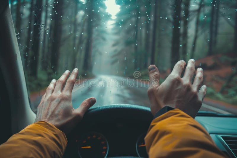 Driver Touching Car Windshield with Rain Drops during Road Trip Stock ...