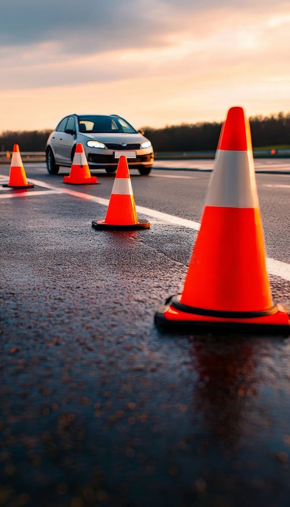 Driver Training Course Featuring Cones and Vehicle on Controlled Track ...