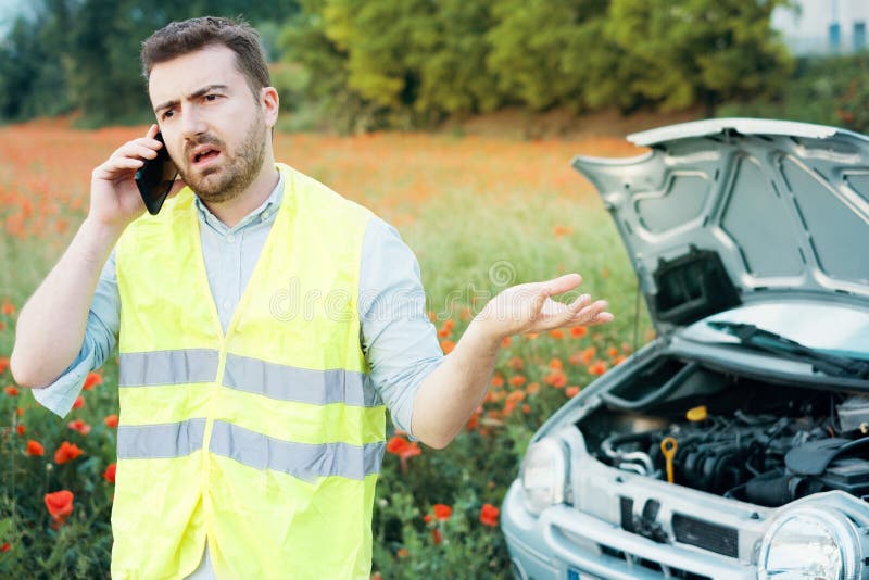 Driver in Trouble after Vehicle Breakdown Waiting for Help Stock Photo ...